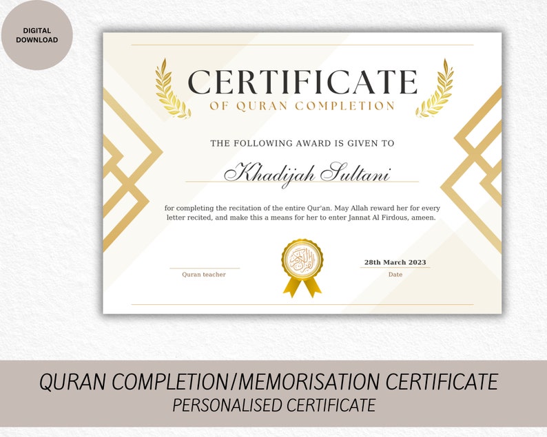 Personalised Muslim Hafiz/hafizah Quran Memorisation Certificate for Children & Adults ...