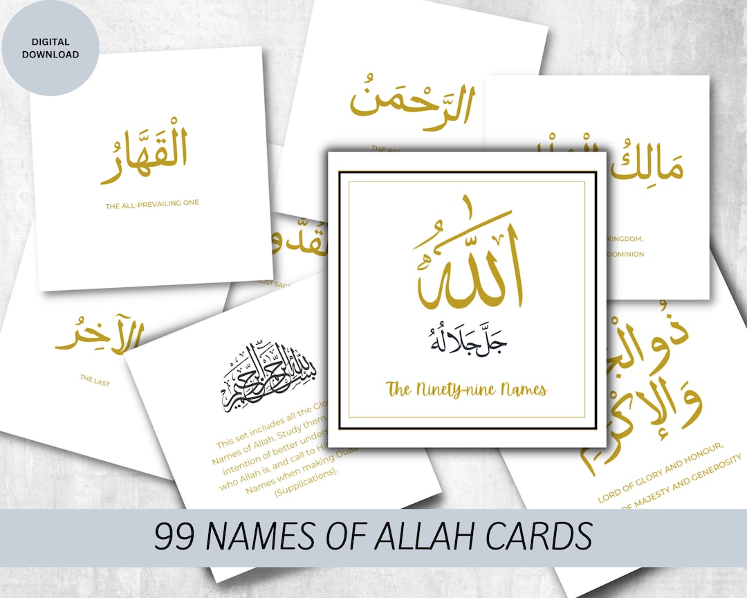 99 Names of Allah Cards - Asma-ul-husna Cards Small Wall Art With Arabic Text and English ...