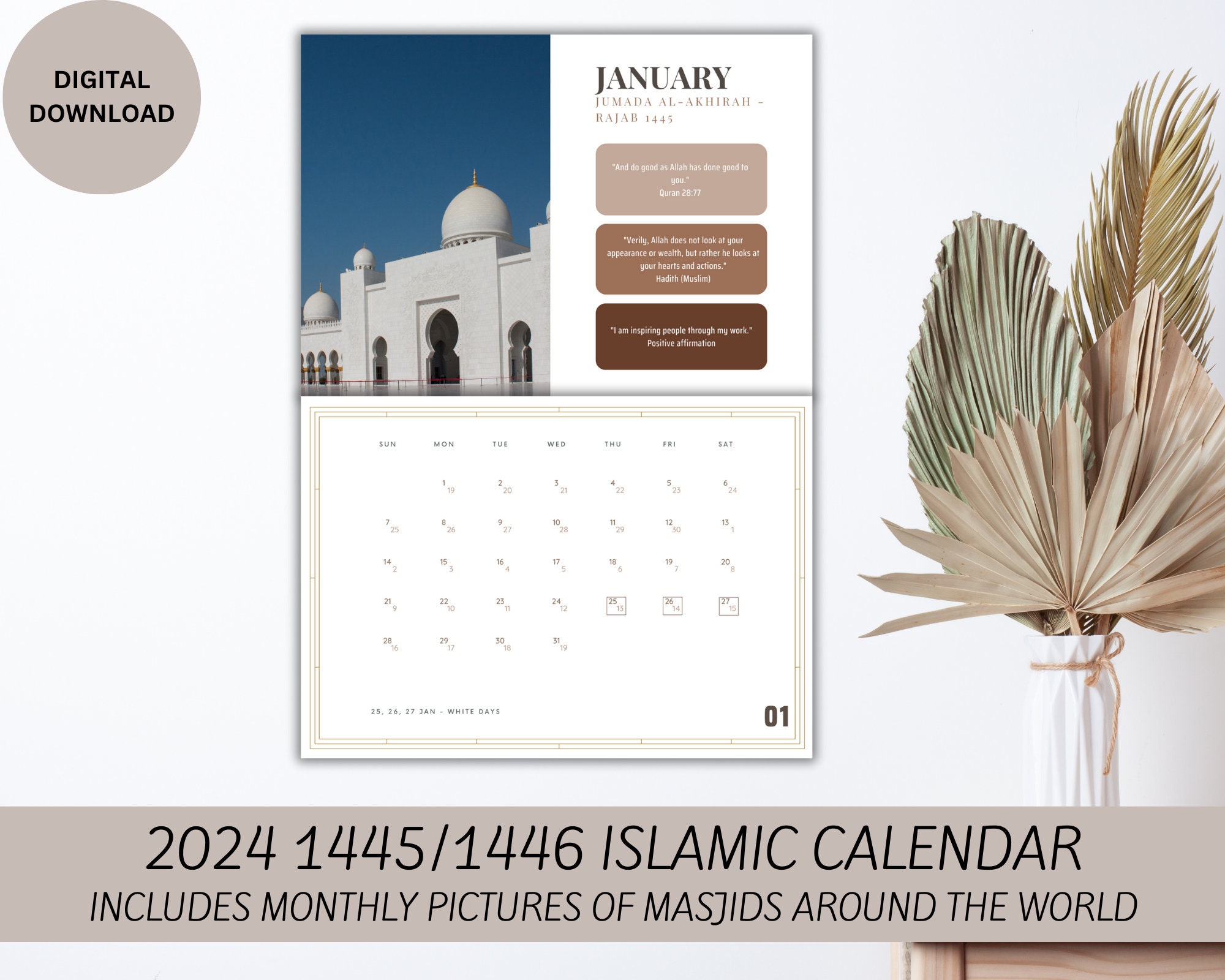 2024 1445/1446 Islamic Calendar With Gregorian and Hijri Dates Masjid ...