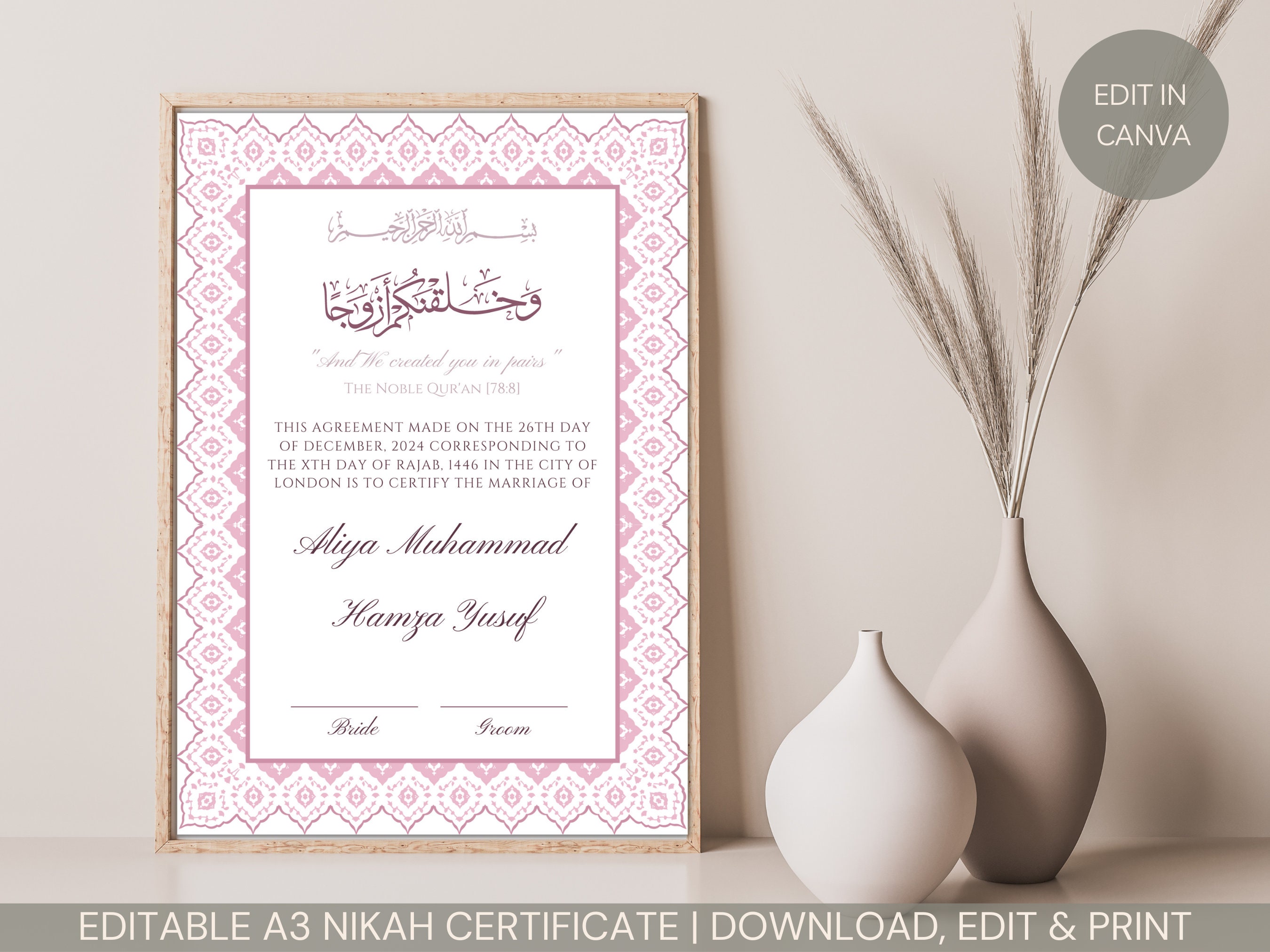 Editable Nikkah Contract Template Printable Nikkahnama, Muslim Islamic Wedding Marriage ...