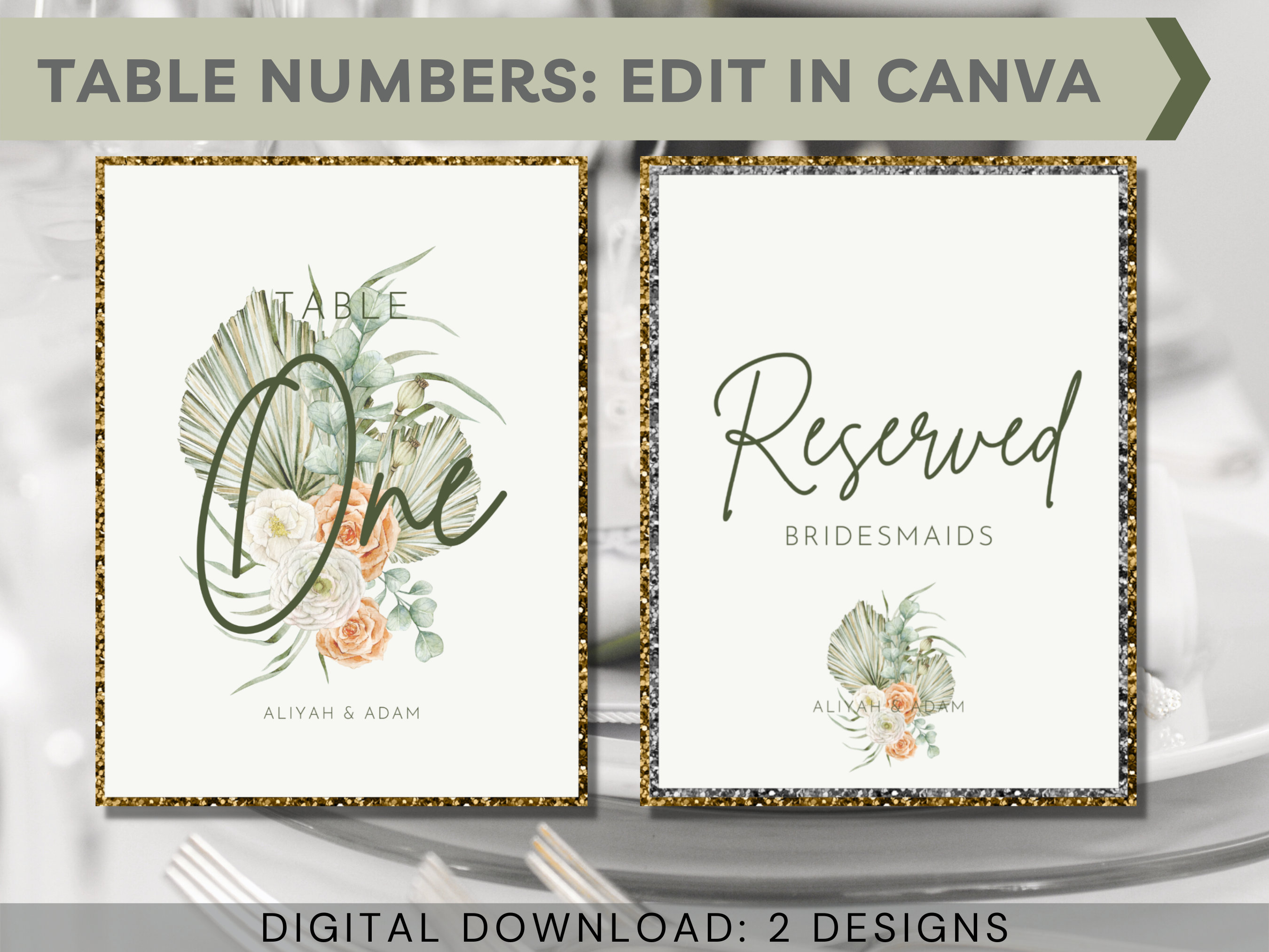 Digital Download Wedding Table Number Cards Classic Green Gold Boho ...