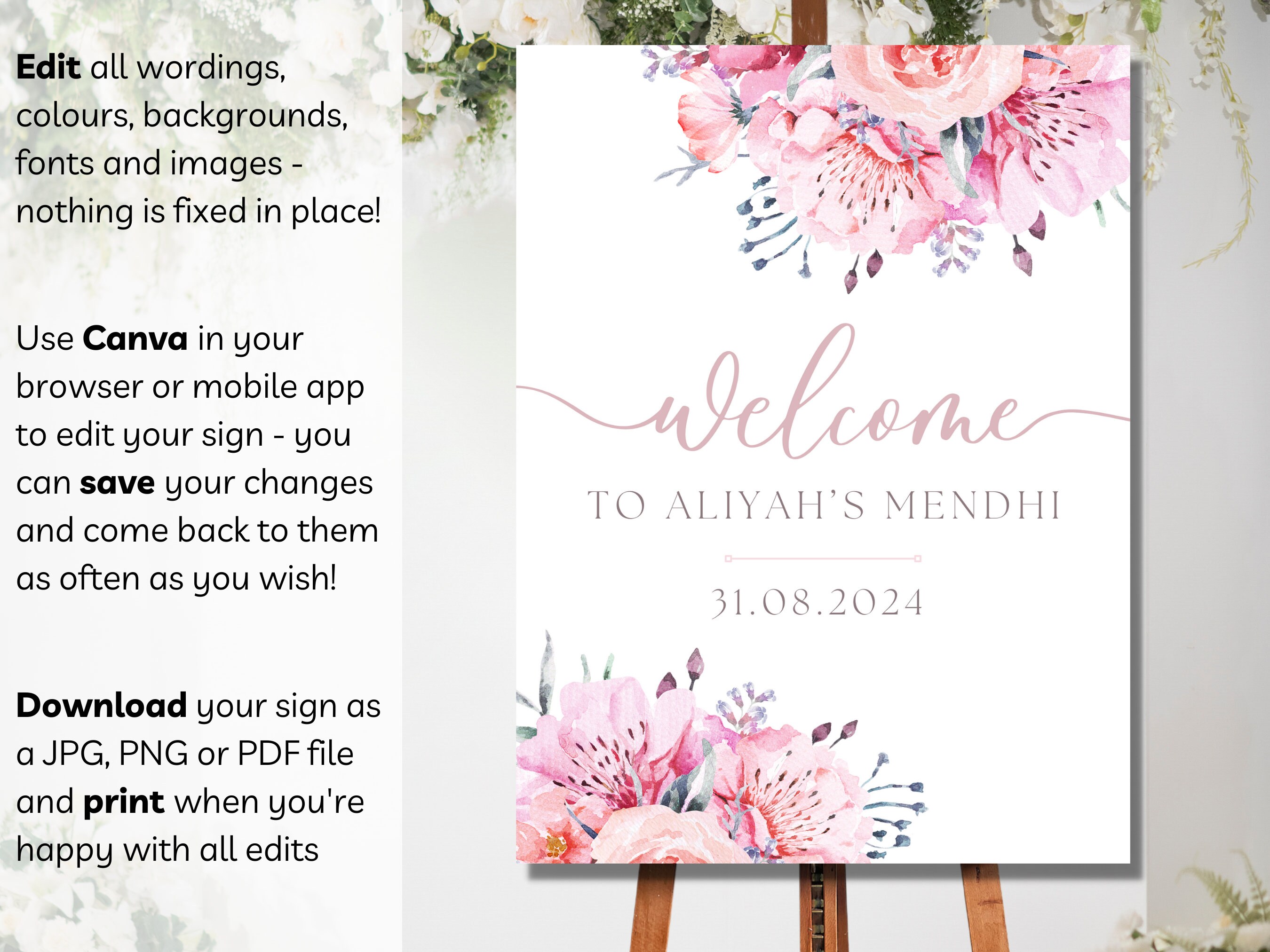 Editable Digital Mendhi Welcome Sign Canva Template Download Print Desi ...