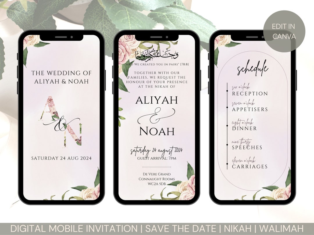 Editable Digital Muslim Islamic Wedding Invitation Template Nikkah Walimah Shaadi Baraat ...
