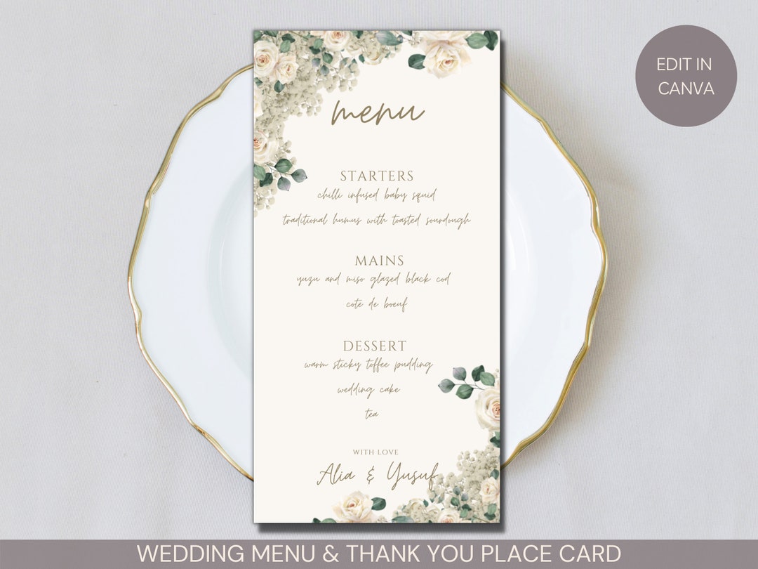 Editable Wedding Menu Cards, Dinner Menu Cards, Menu Card With Place ...