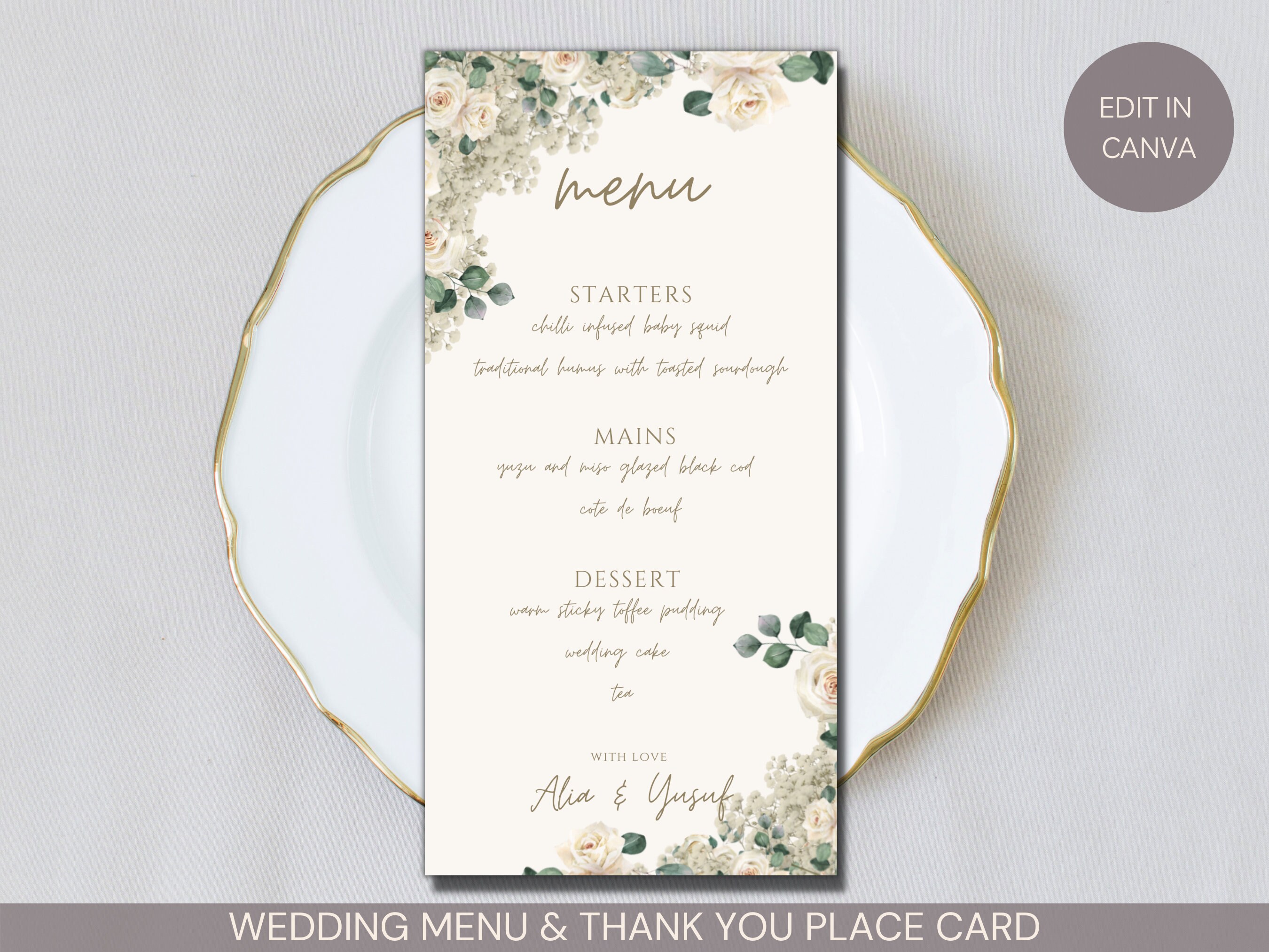 Editable Wedding Menu Cards, Dinner Menu Cards, Menu Card With Place ...