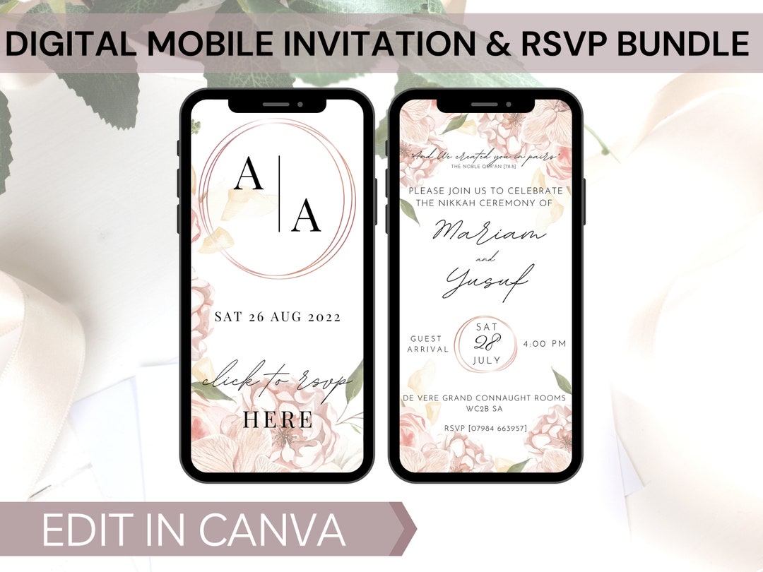 Digital Wedding Mobile Invitation & RSVP Editable Template Bundle ...