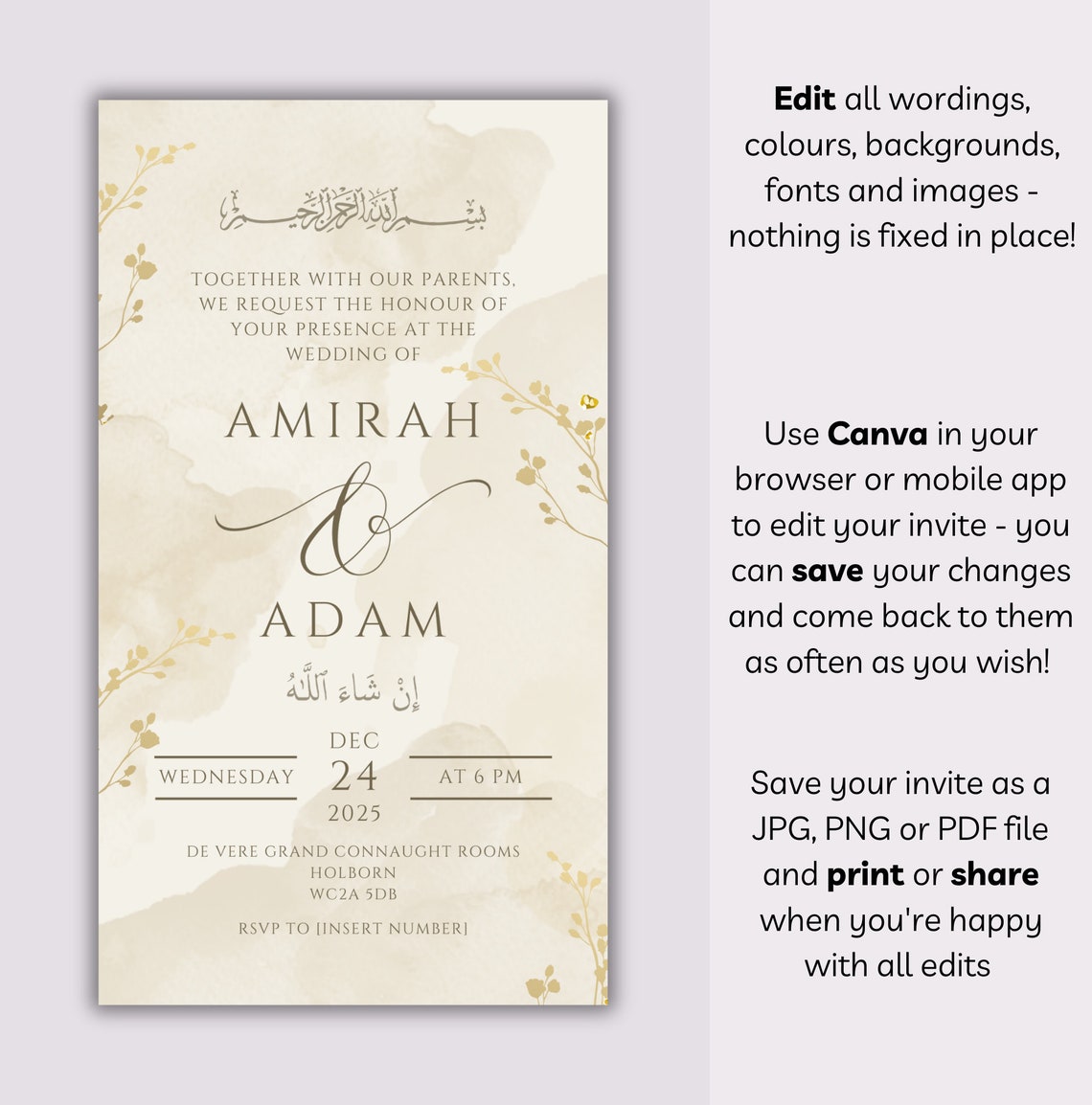 Editable Digital Muslim Wedding Invitation Template Nikkah Walimah ...