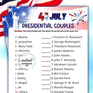 Fourth of July Presidential Couples, Match up Games, Printable Fourth ...