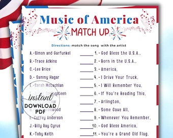 Music of America Match up Game, Printable Memorial Day Game for Adults ...