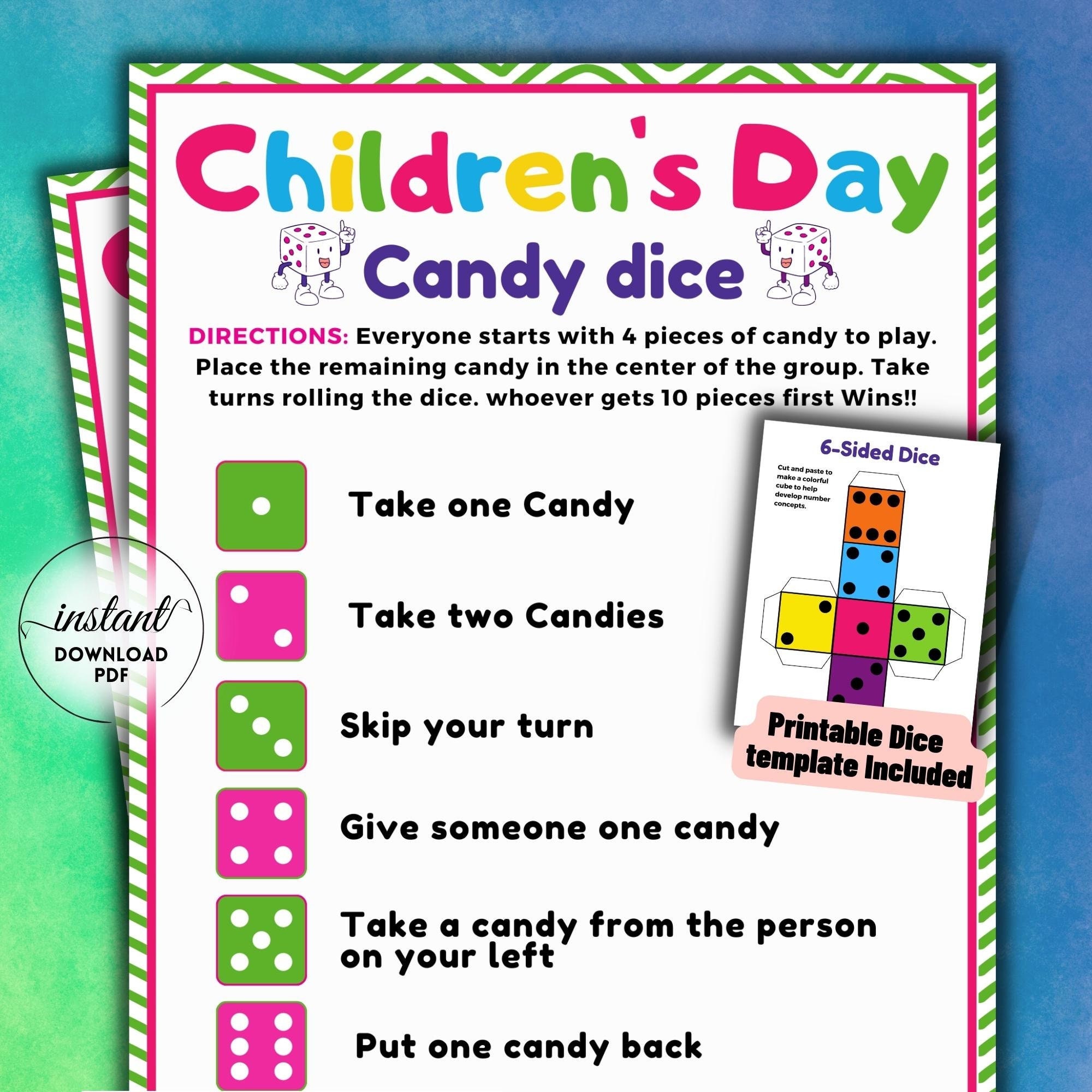 Candy Dice Game, Children's Day Game, Printable Paper Dice, Kids Party ...