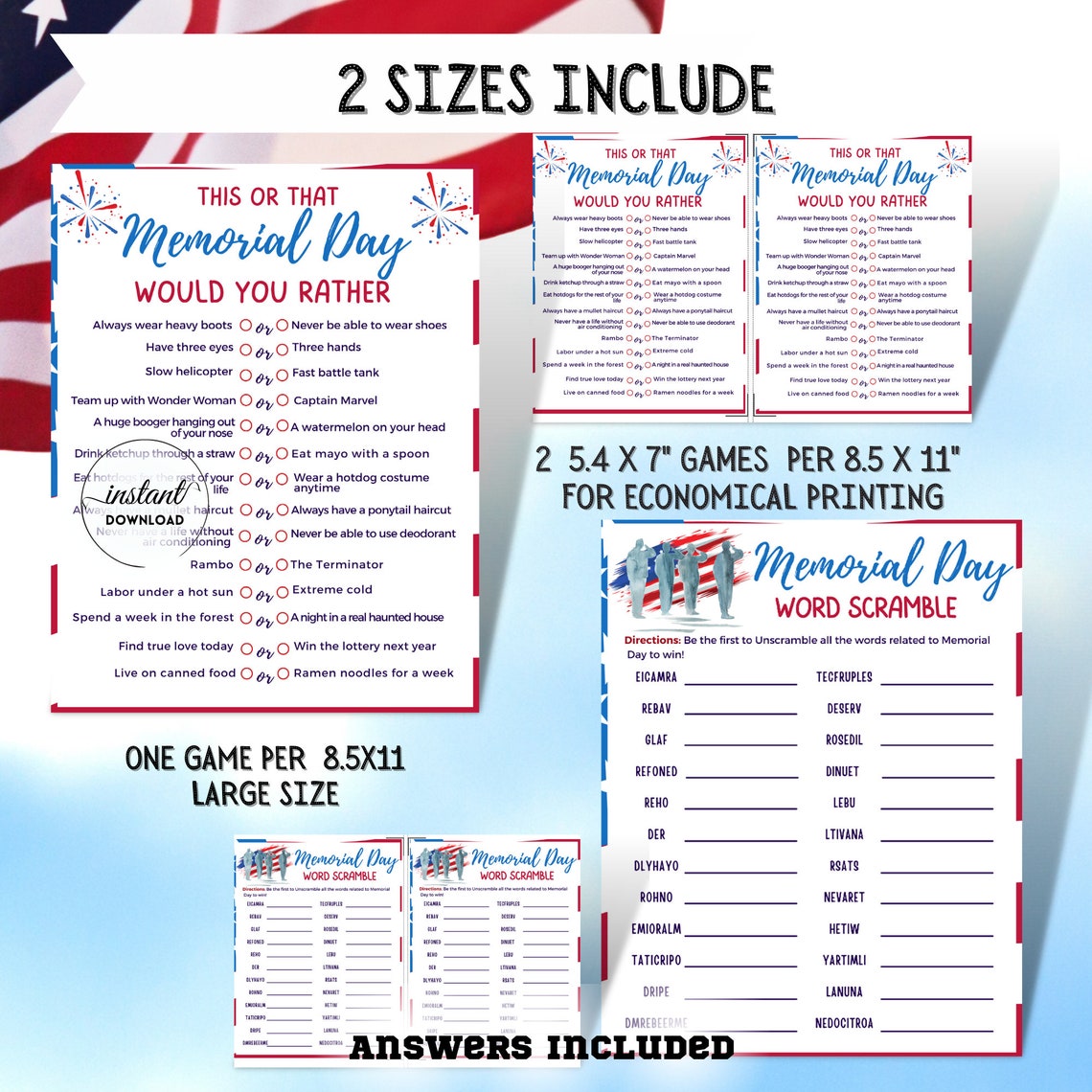 Memorial Day Games, 10 Pack Games, Printable Memorial Day, Game for ...