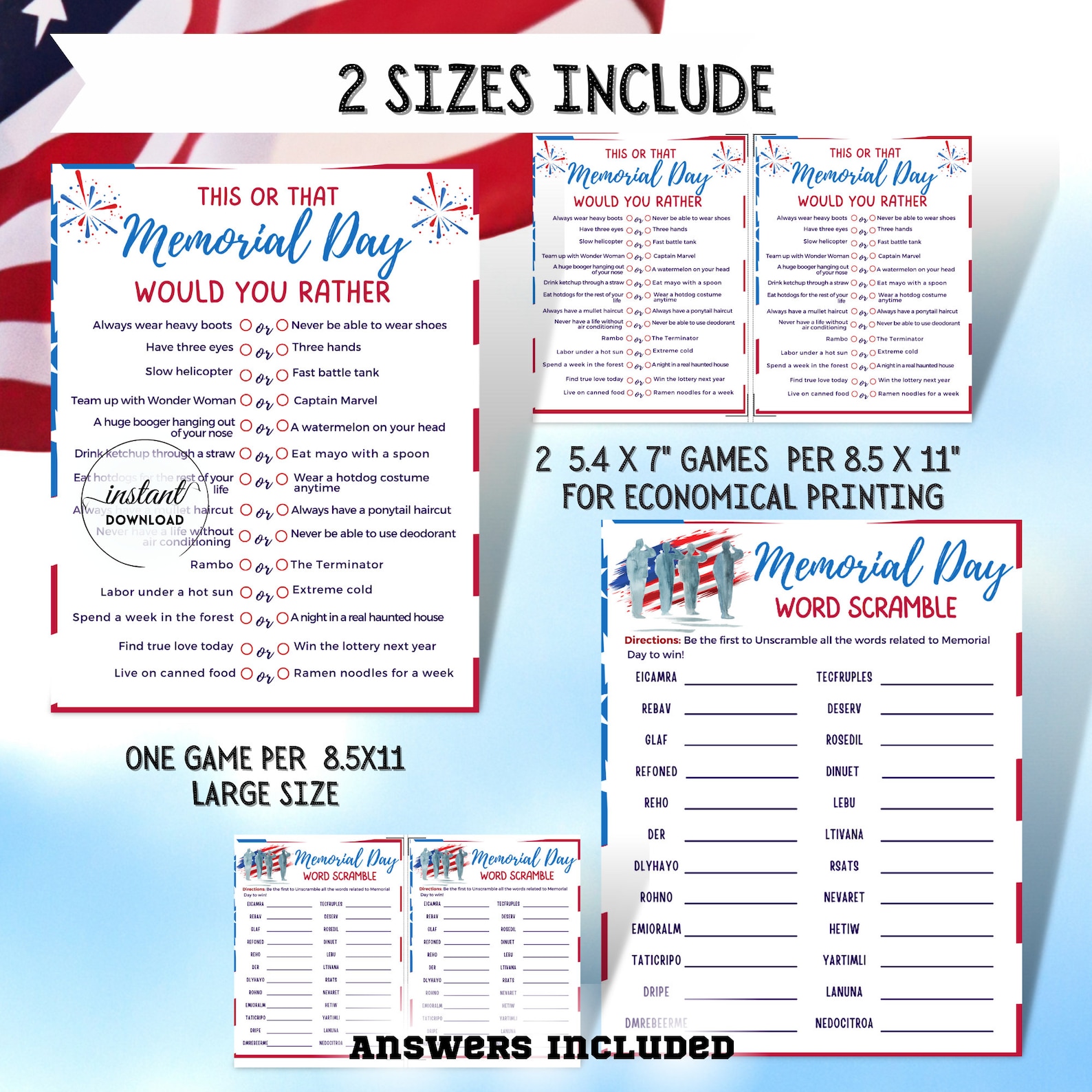 Memorial Day Games, 10 Pack Games, Printable Memorial Day, Game for ...