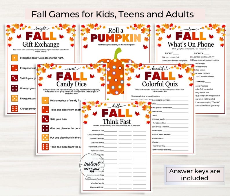 Fall Games Bundle: 65 Printable Activities, Seasonal Trivia, Party ...