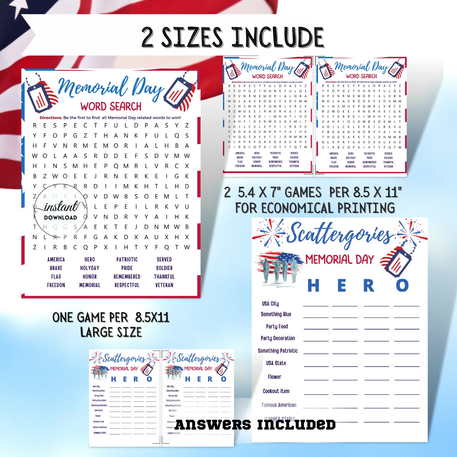 Memorial Day Games, 10 Pack Games, Printable Memorial Day, Game for ...