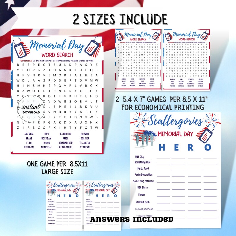 Memorial Day Games, 10 Pack Games, Printable Memorial Day, Game for ...