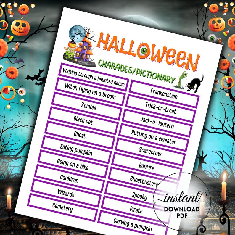 Halloween Charades, Pictionary Card Game, Halloween Activities for Kids ...