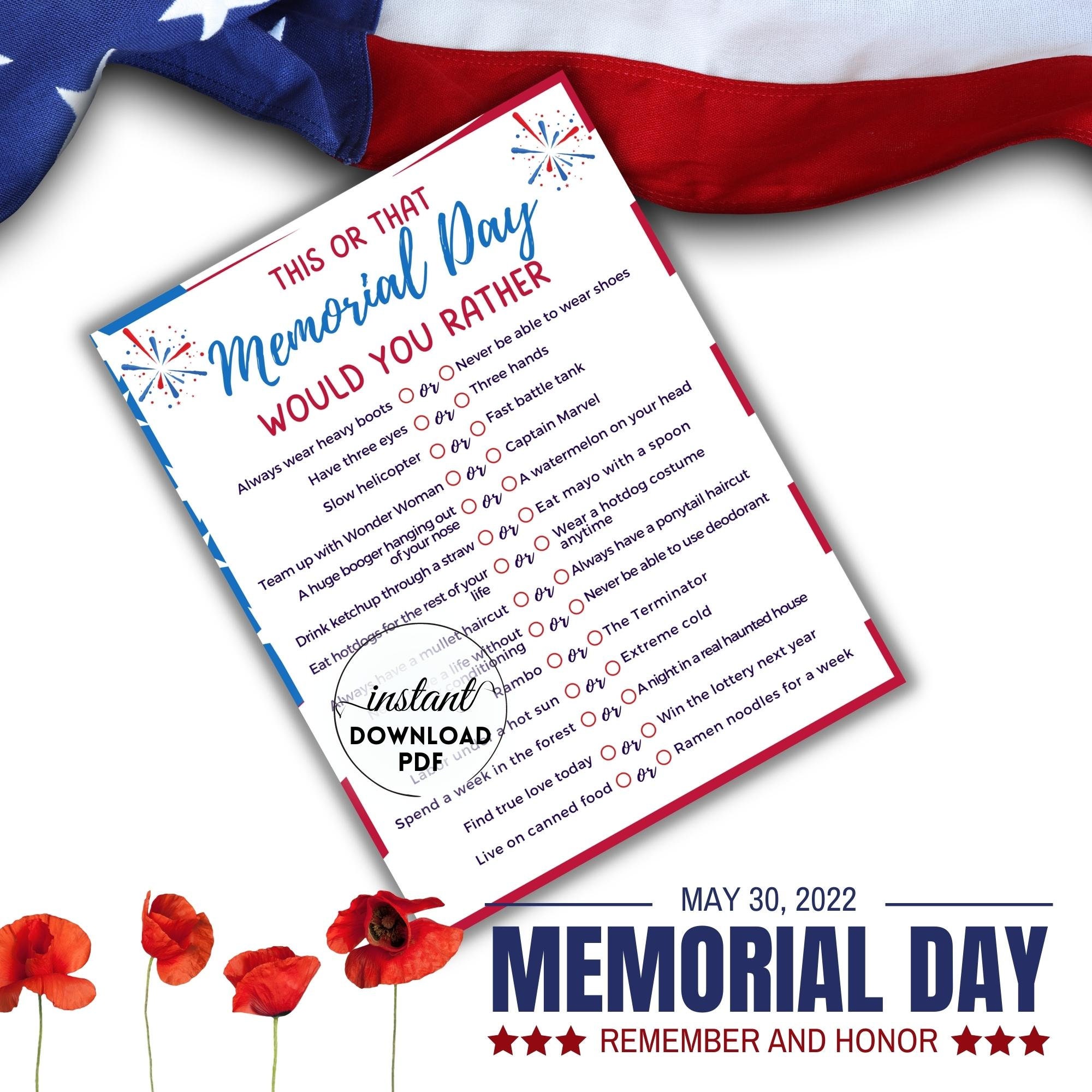 Memorial Day This or That, Would You Rather Game, Printable Memorial ...