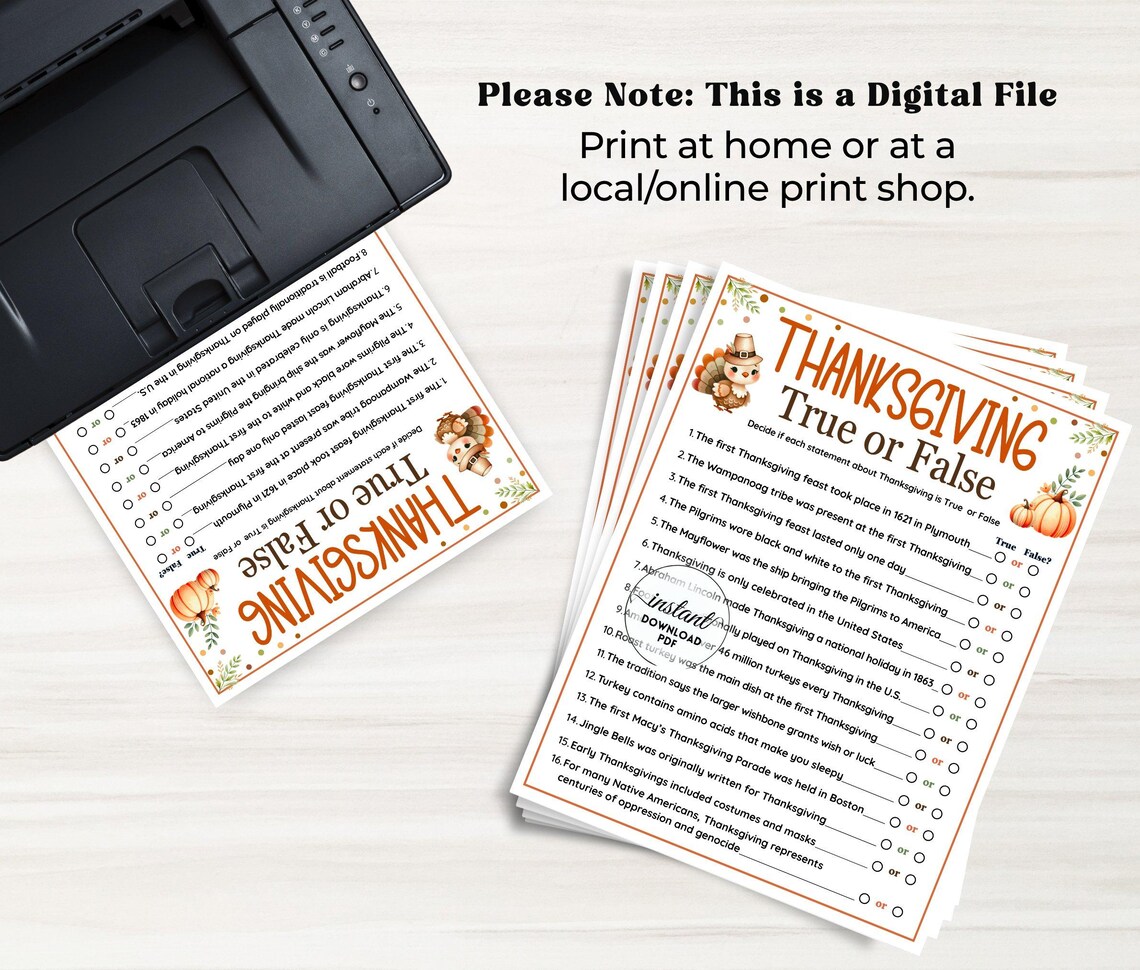Thanksgiving Trivia Game: True or False Quiz (PDF Printable) - Etsy