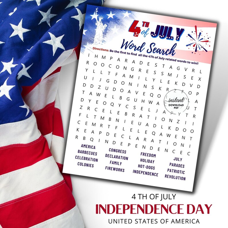 Fourth of July Word Search, Printable Fourth of July Game, Independence ...