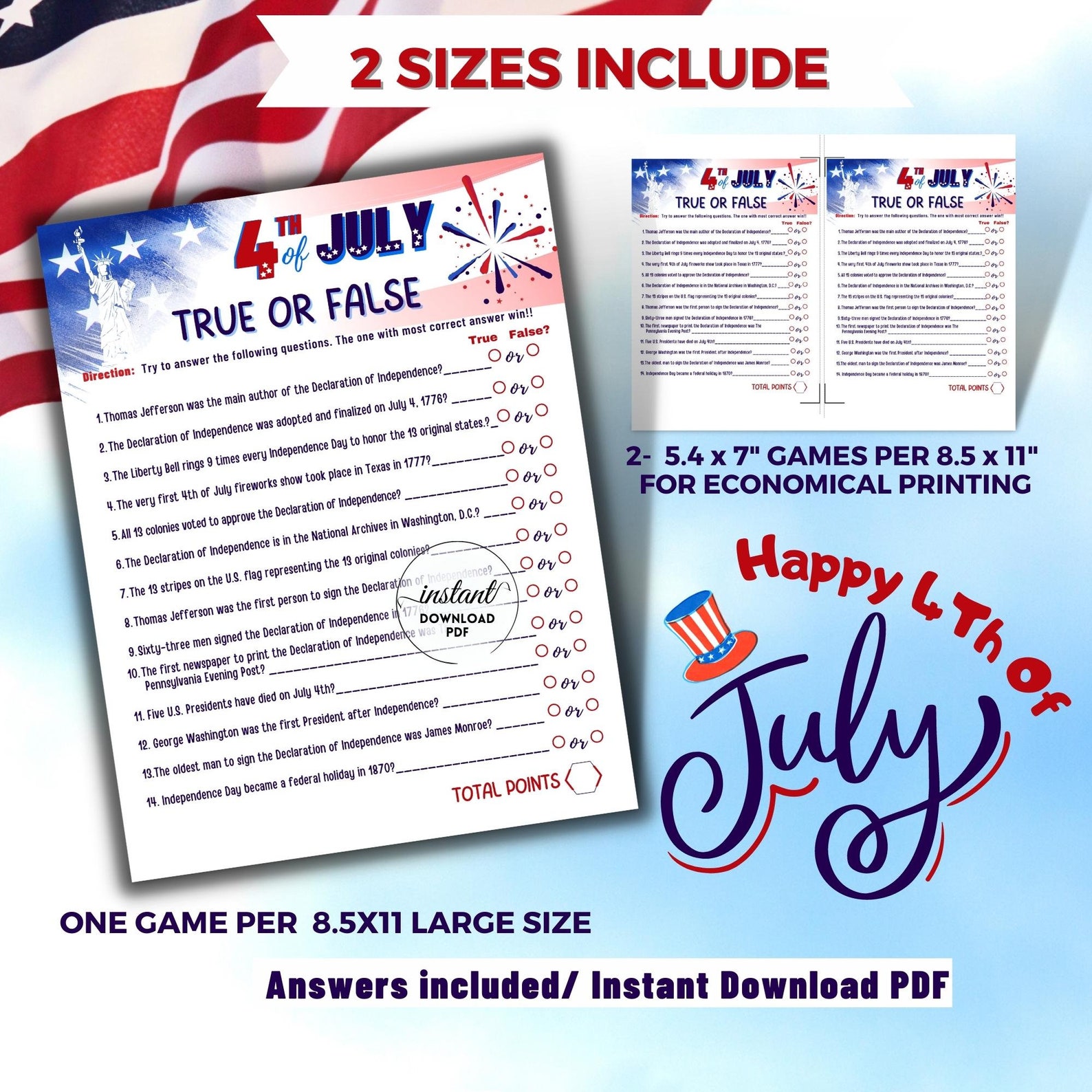 Fourth of July Trivia, True or False Questions, 4th of July Printable ...