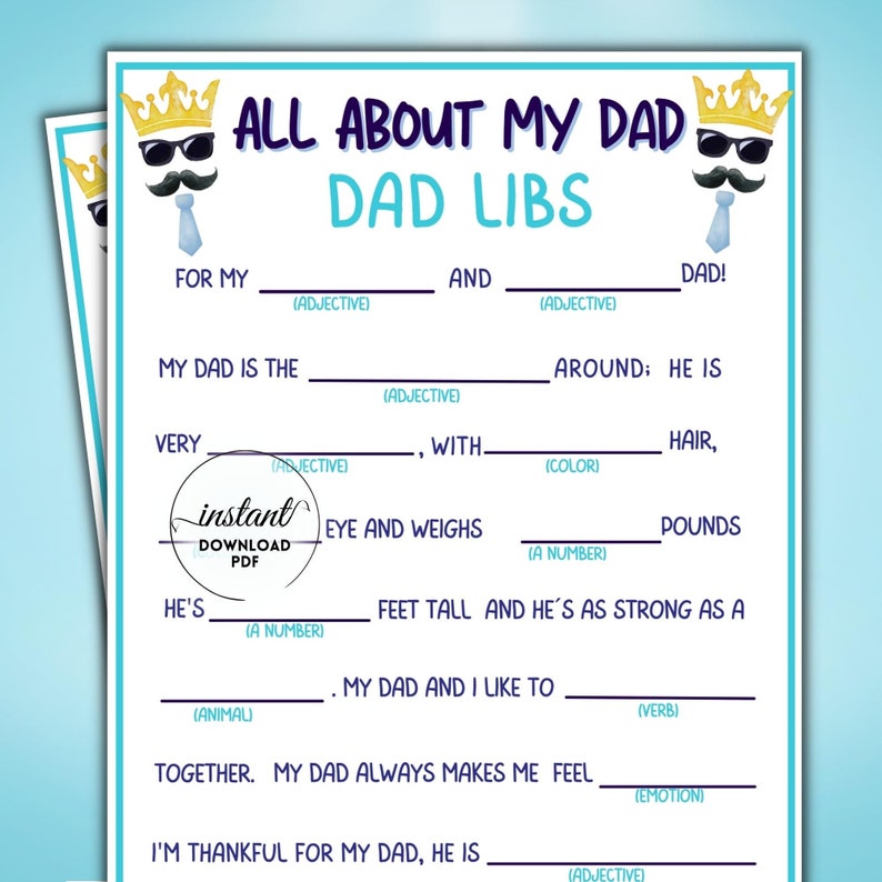 About My Dad: Father's Day Mad Libs Activity Printable for Kids, Dad ...