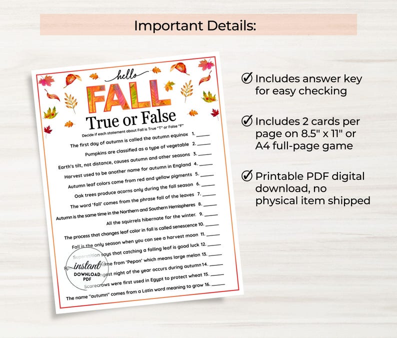 Fall Trivia | True or False Game | Printable Autumn Activity | Trivia ...