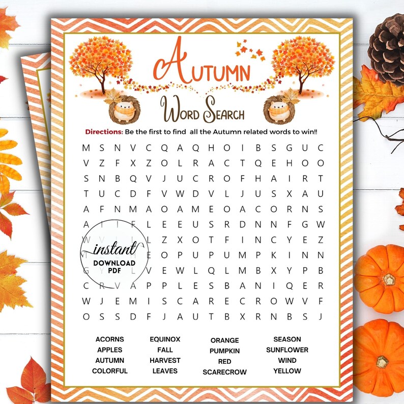 Autumn Word Search Printable Autumn Party Games Fall Time - Etsy