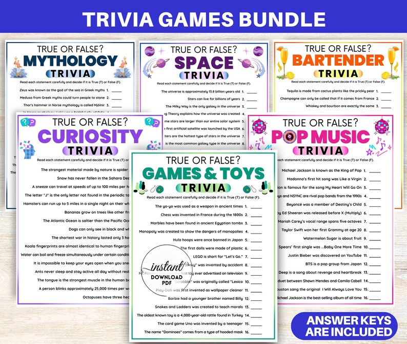 True or False Trivia Games Bundle: 560 Questions, Family Game Night ...