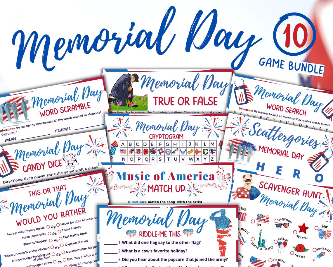 Memorial Day Games, 10 Pack Games, Printable Memorial Day, Game for ...