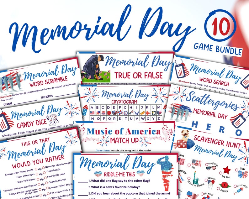 Memorial Day Games, 10 Pack Games, Printable Memorial Day, Game for ...