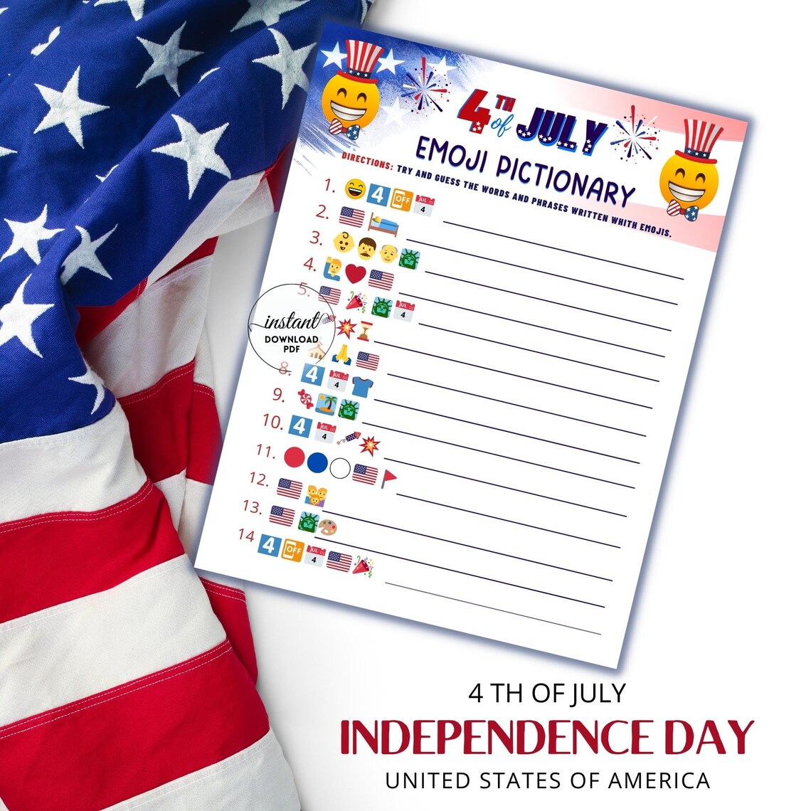 Fourth of July Emoji Pictionary, Printable Fourth of July Game ...