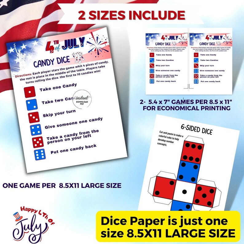 Fourth of July Candy Dice Game Printable Paper Dice - Etsy