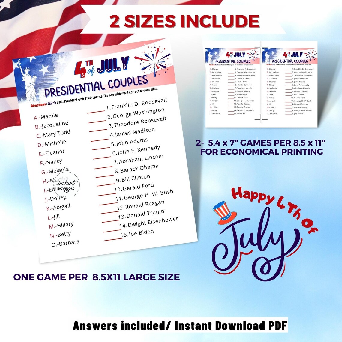 Fourth of July Presidential Couples, Match up Games, Printable Fourth ...