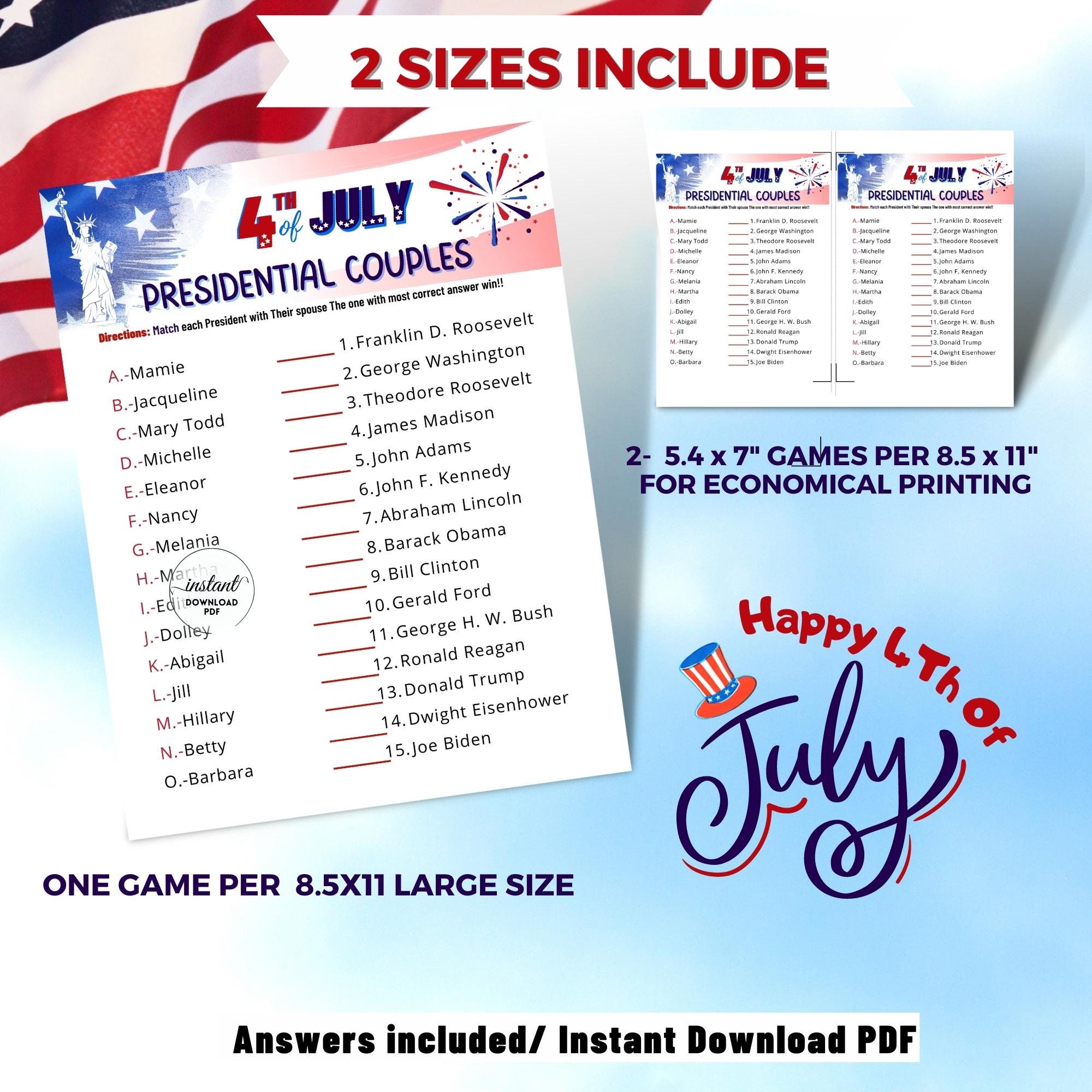 Fourth of July Presidential Couples, Match up Games, Printable Fourth ...