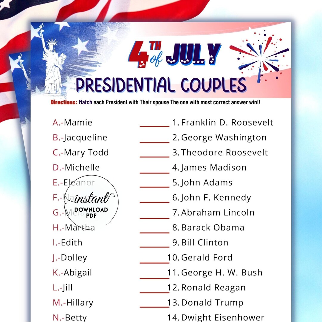 Fourth of July Presidential Couples, Match up Games, Printable Fourth ...