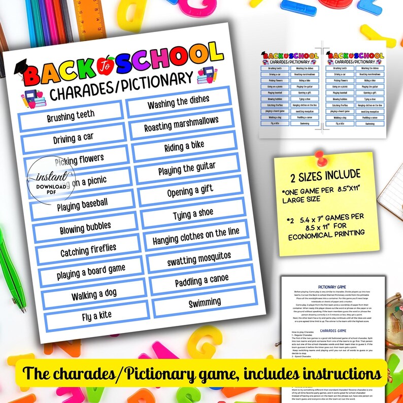 Back to School Charades/ Pictionary Game, Printable Back to School Game ...