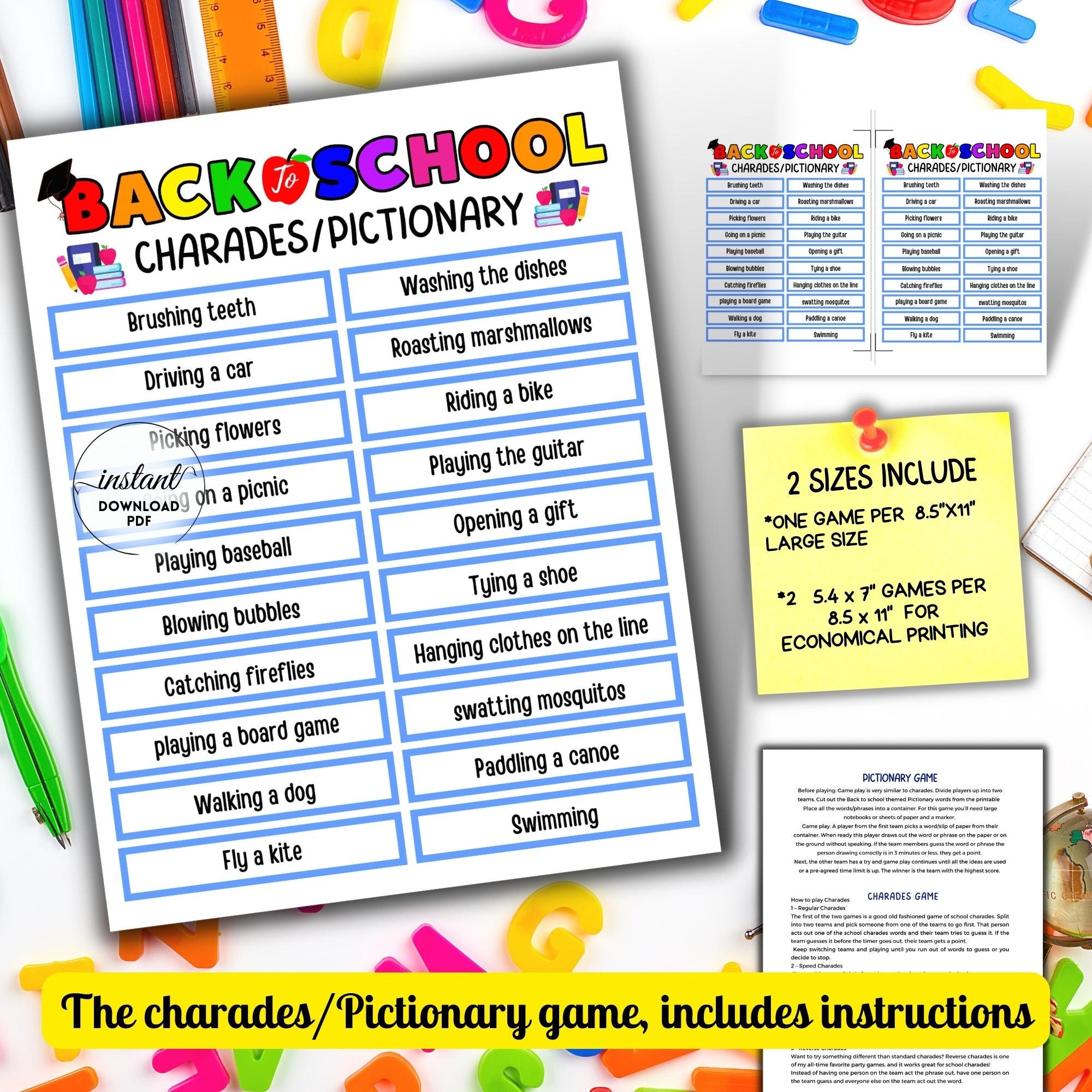 Back to School Charades/ Pictionary Game, Printable Back to School Game ...
