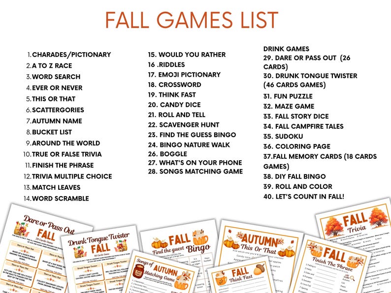 Fall Games Bundle: 40 Autumn Activities for Kids & Adults (PDF) - Etsy