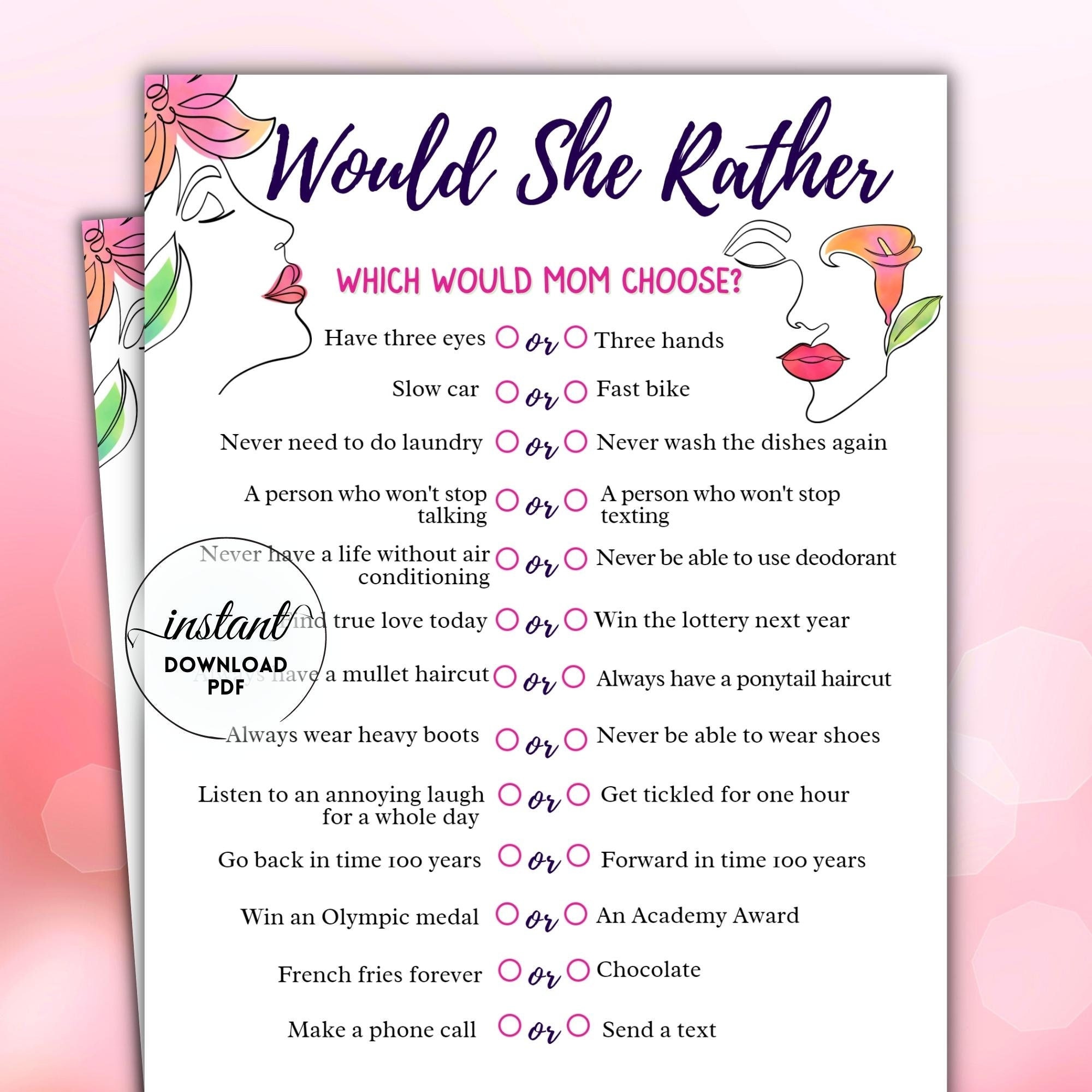 Mother's Day Would She Rather Games | Would Mommy Rather | Mother's Day ...