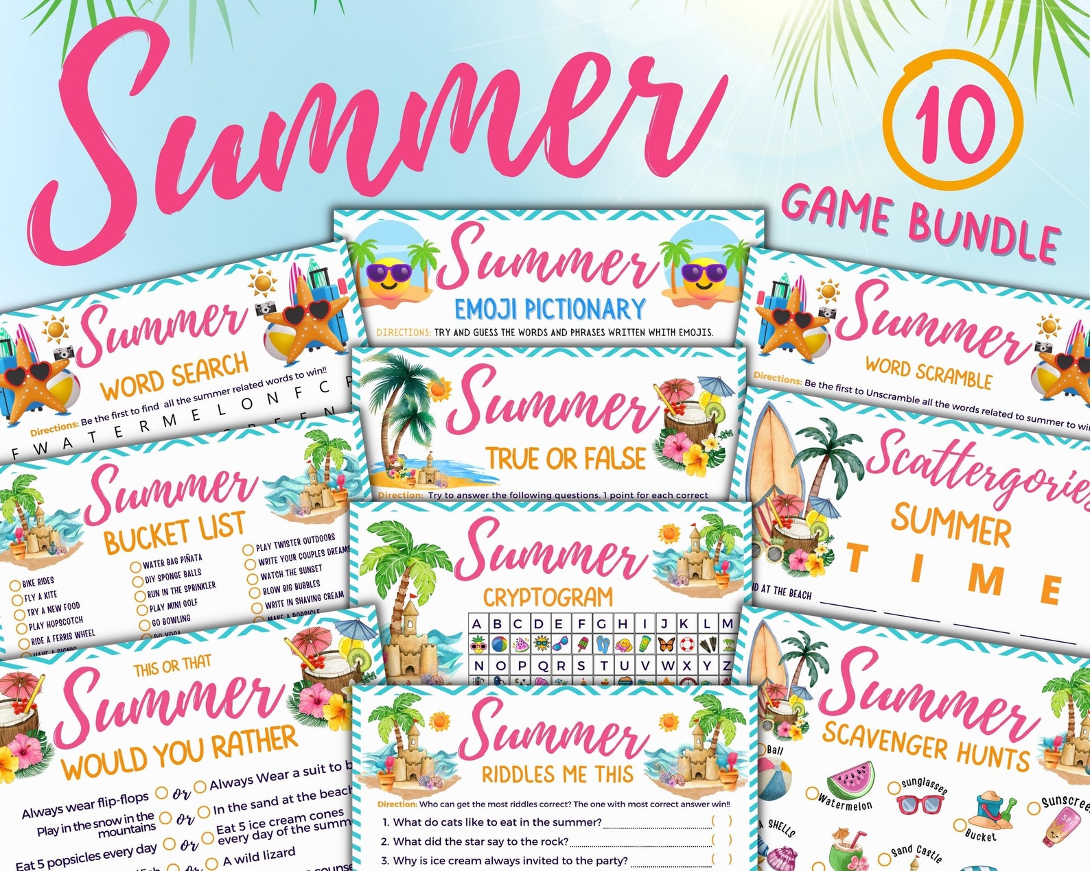 Summer Fun Games 10 Pack Games Printable Summer Games Road - Etsy