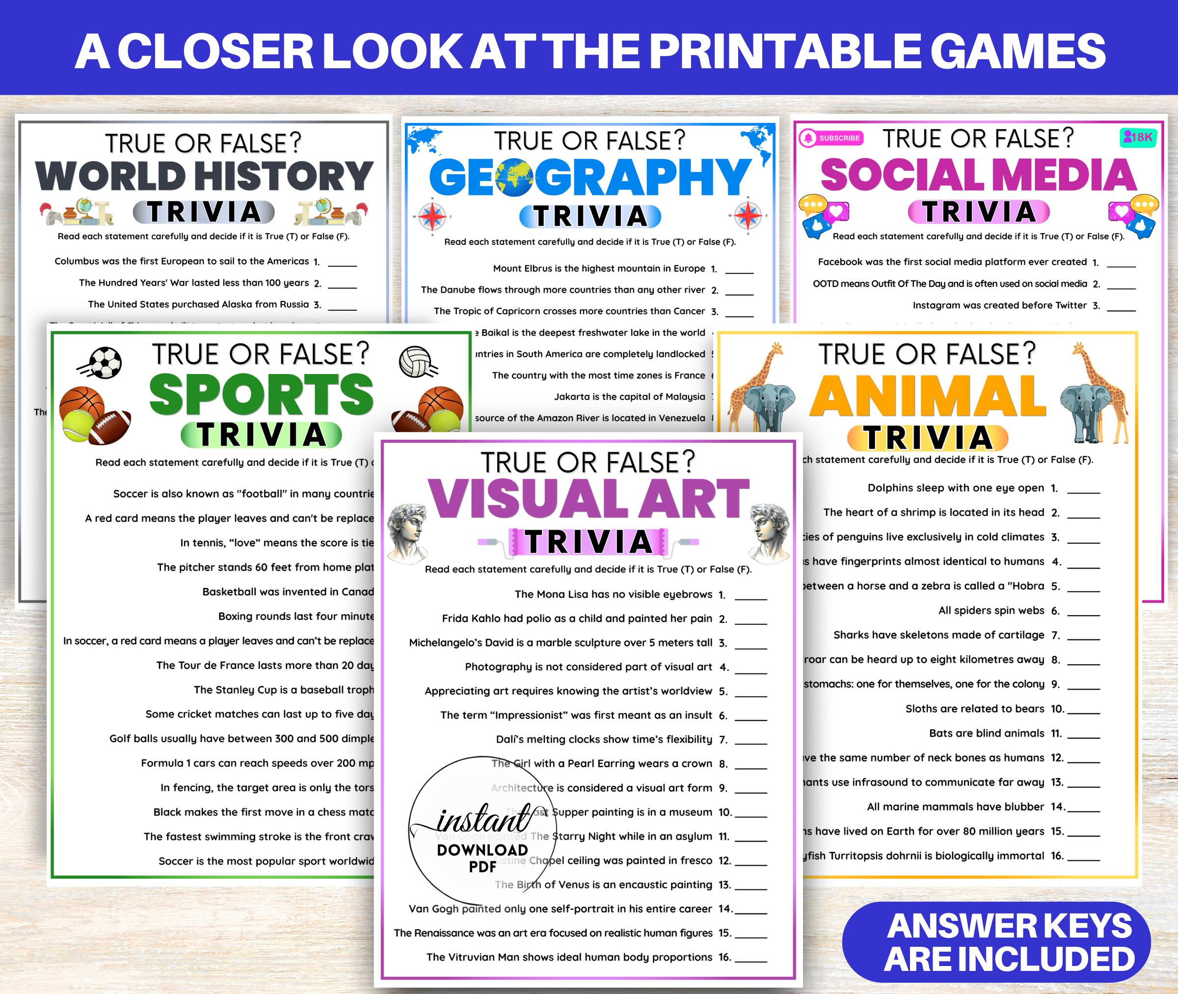 True or False Trivia Games Bundle: 560 Questions, Family Game Night ...