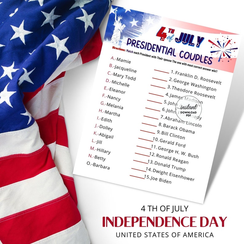 Fourth of July Presidential Couples, Match up Games, Printable Fourth ...