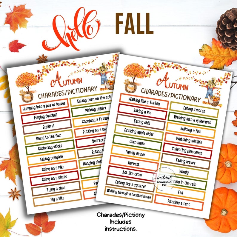 Autumn Charades / Pictionary Game, Fall Time Activities for Adults ...