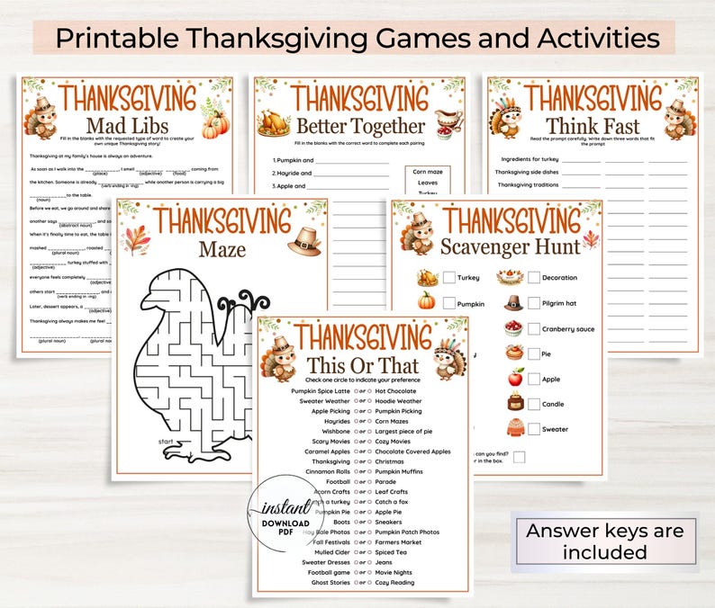 Thanksgiving Games Bundle: Printable Family Activities (PDF Download ...