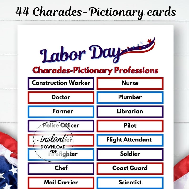 Labor Day Charades-pictionary Game,labor Day Game,ice Breaker Game ...