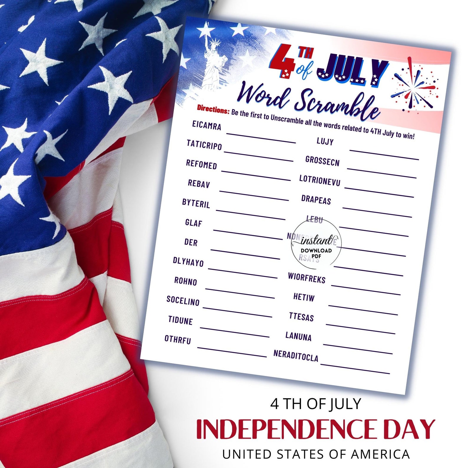 Fourth of July Word Scramble, Printable Fourth of July Game ...
