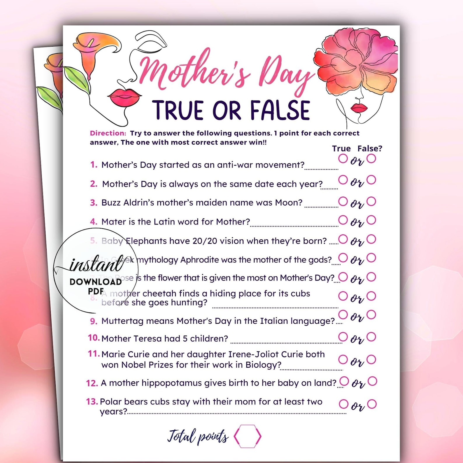 Mother's Day Trivia Quiz | True or False Game | Mother Day Trivia Game ...
