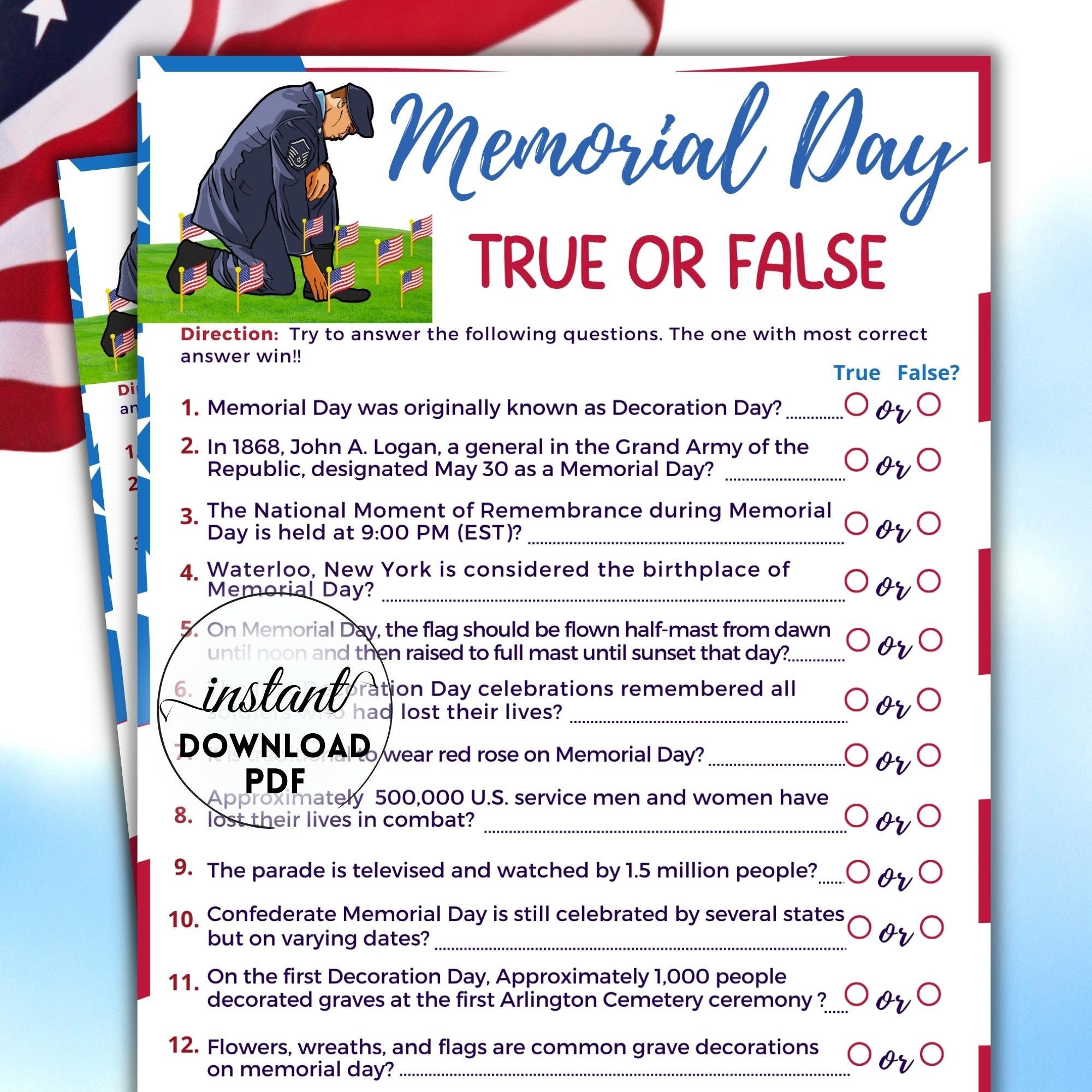 Memorial Day Trivia Game, True or False Game, Memorial Day Games ...
