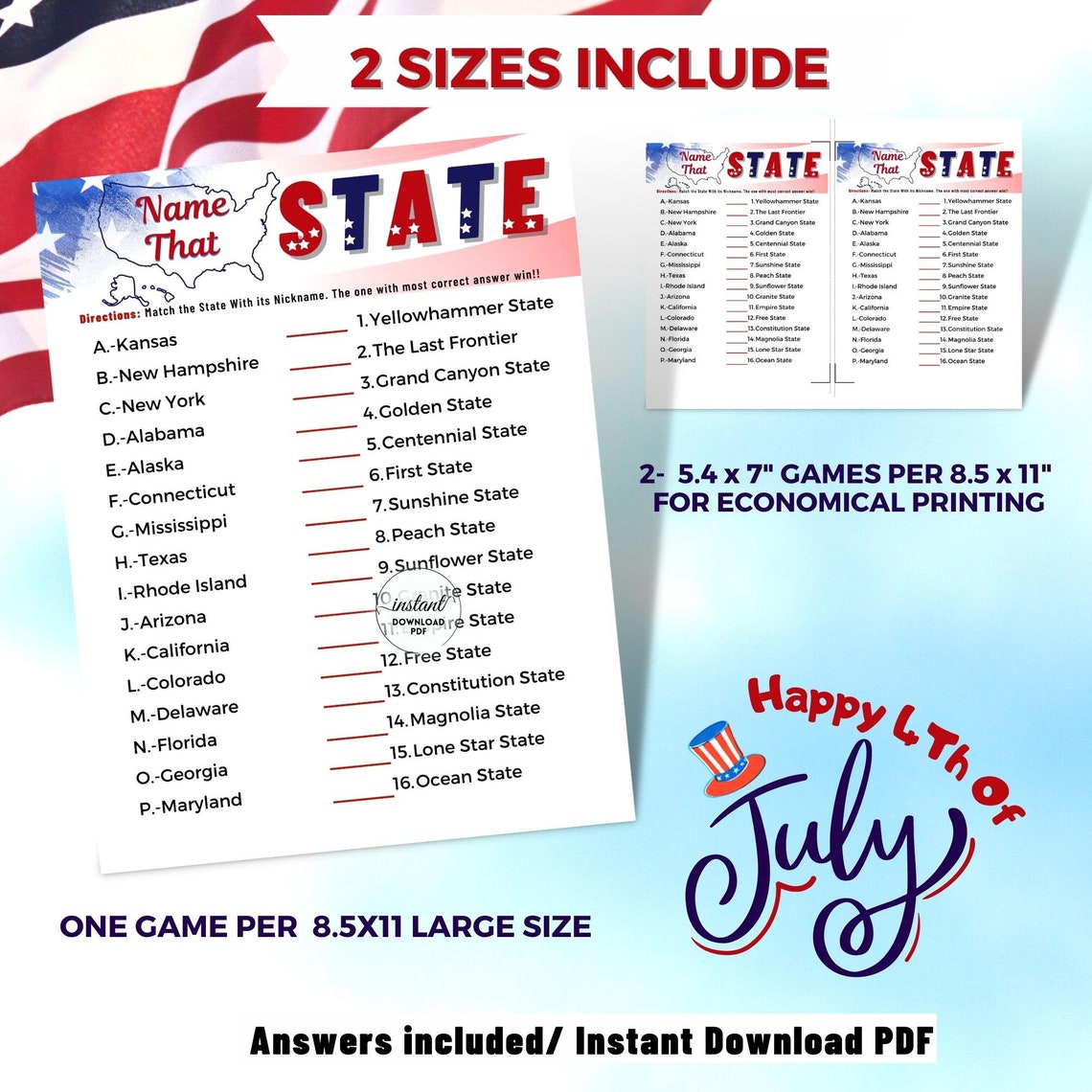 Fourth of July Name the State Game: Patriotic Party Activity (PDF) - Etsy