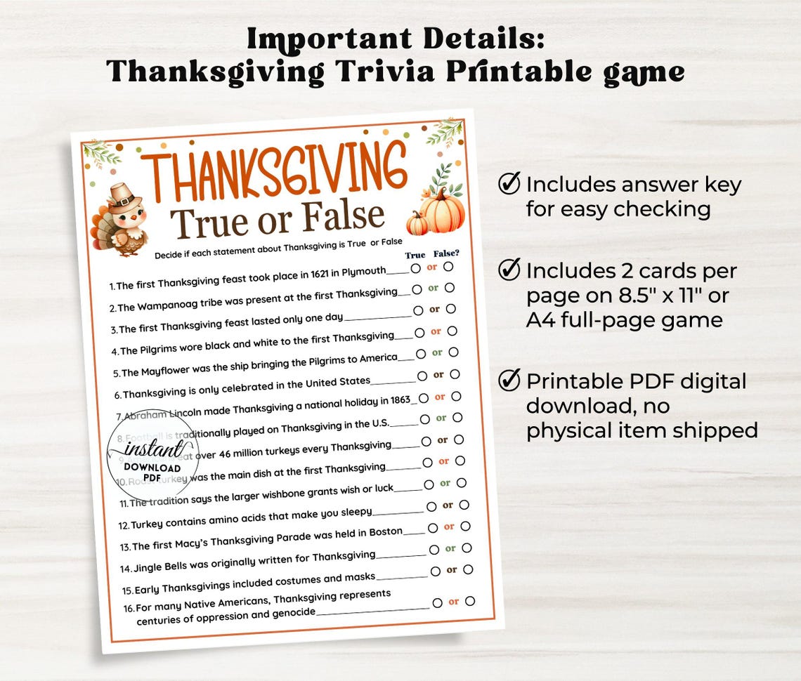 Thanksgiving Trivia Game: True or False Quiz (PDF Printable) - Etsy